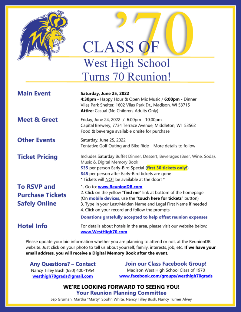 Reunion Details - Madison West High School Class of 1970